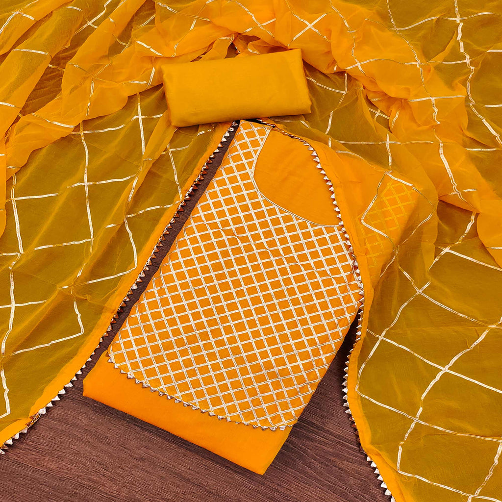 Orange Dress Material in Modal Chanderi Silk With Traditional Gota Pat