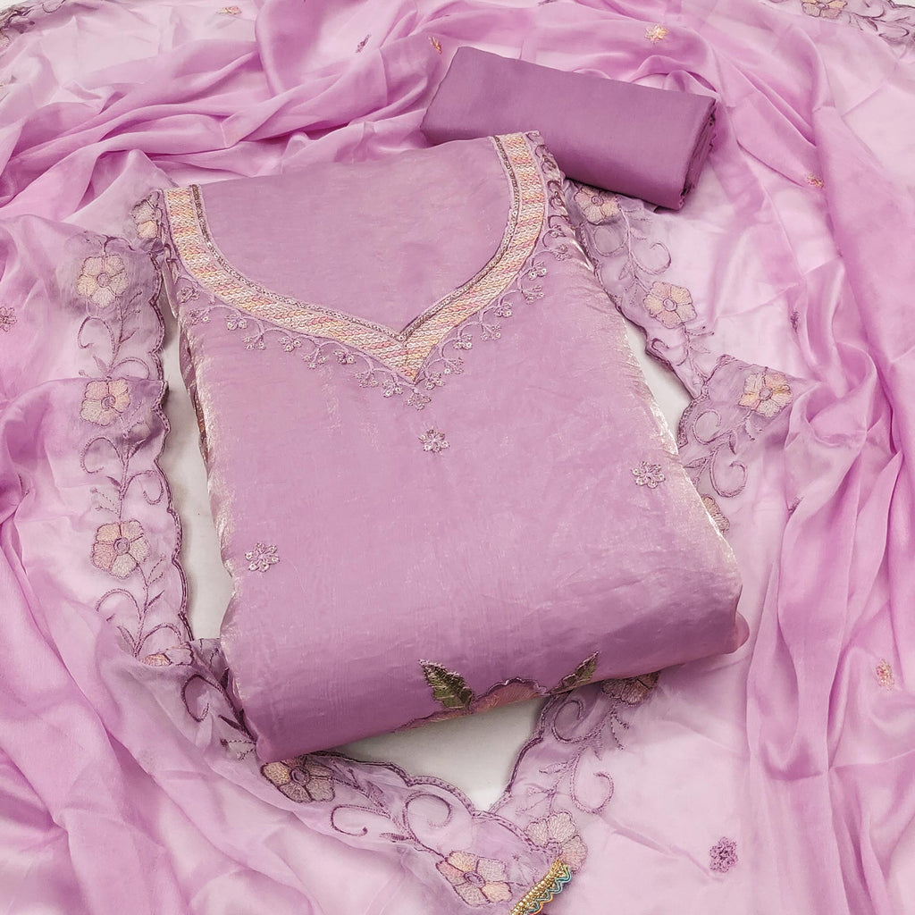 Light Purple Ensemble With Floral Sequins Embroidery Detailing On Sati