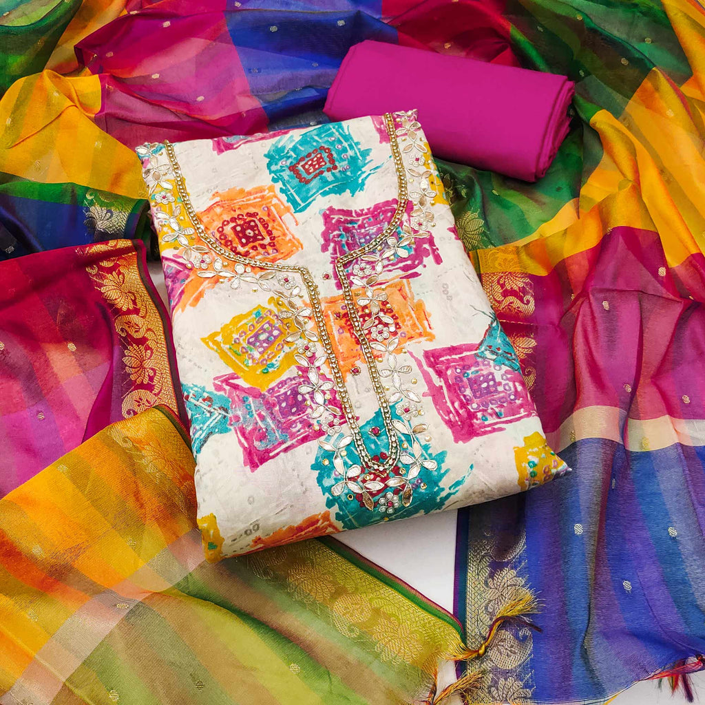 Pink Print & Delicate Moti With Gota Patti Work Cotton Silk Dress Mate