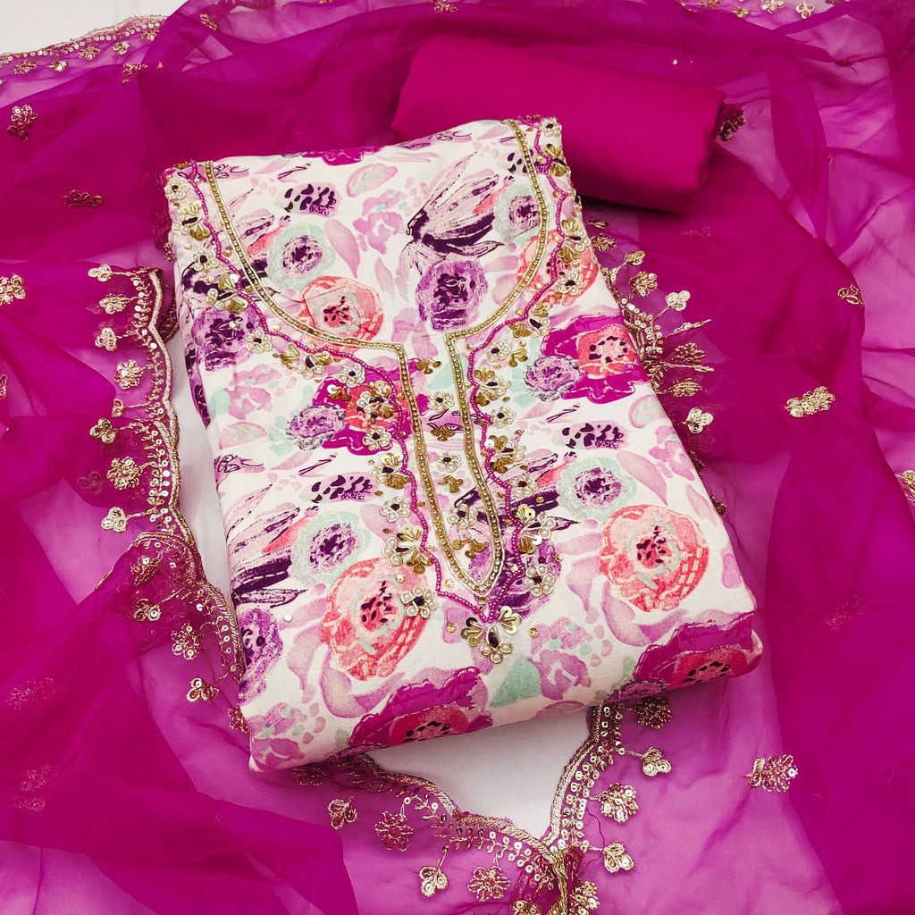 Pink Printed Blue Pure Cotton Dress Material Enhanced With Moti & Hand
