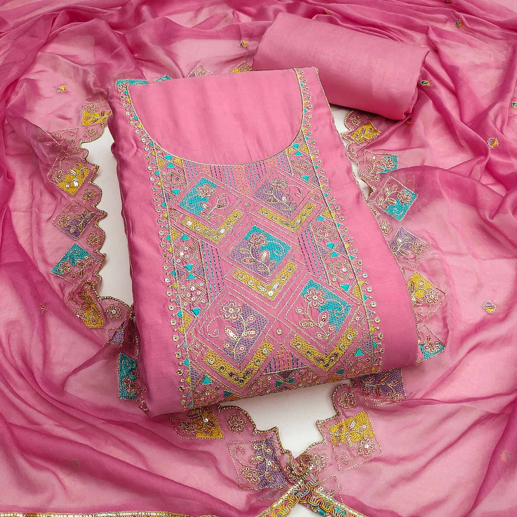 Pink Floral Embroidered Cotton Silk Dress Material With Glimmering Seq