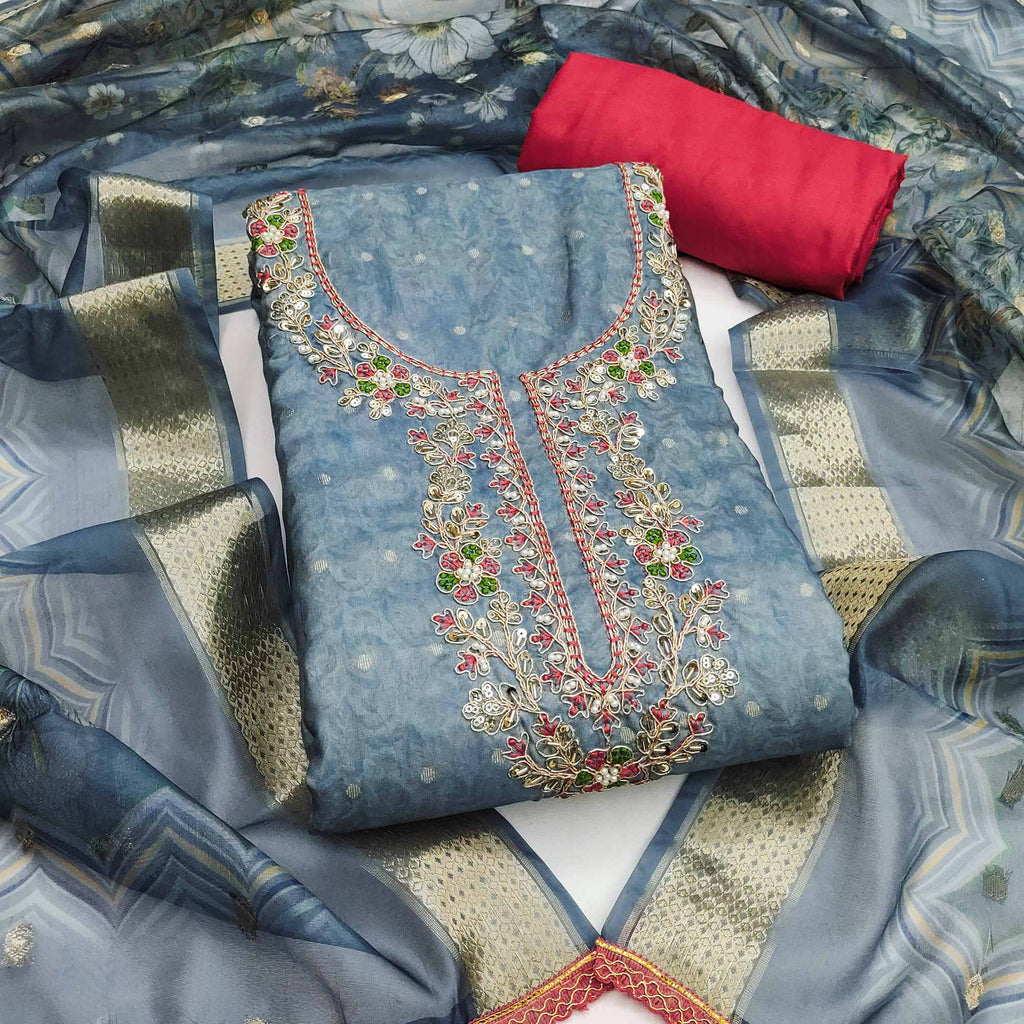 Blue Digital Printed Cotton Silk Dress Material With Intricate Moti
