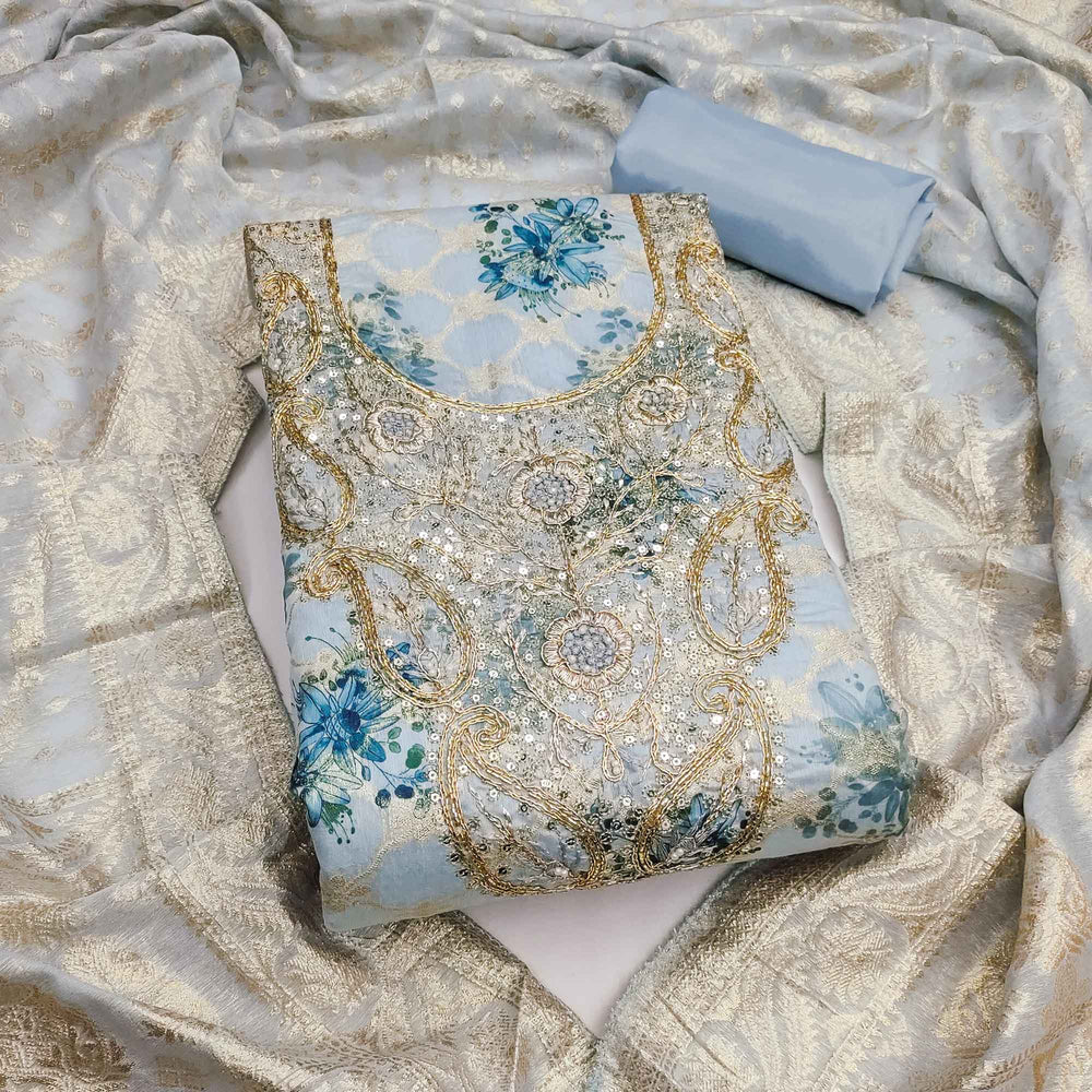 Blue Floral Weaving & Digital Printed Banarasi Silk Dress Material Wit