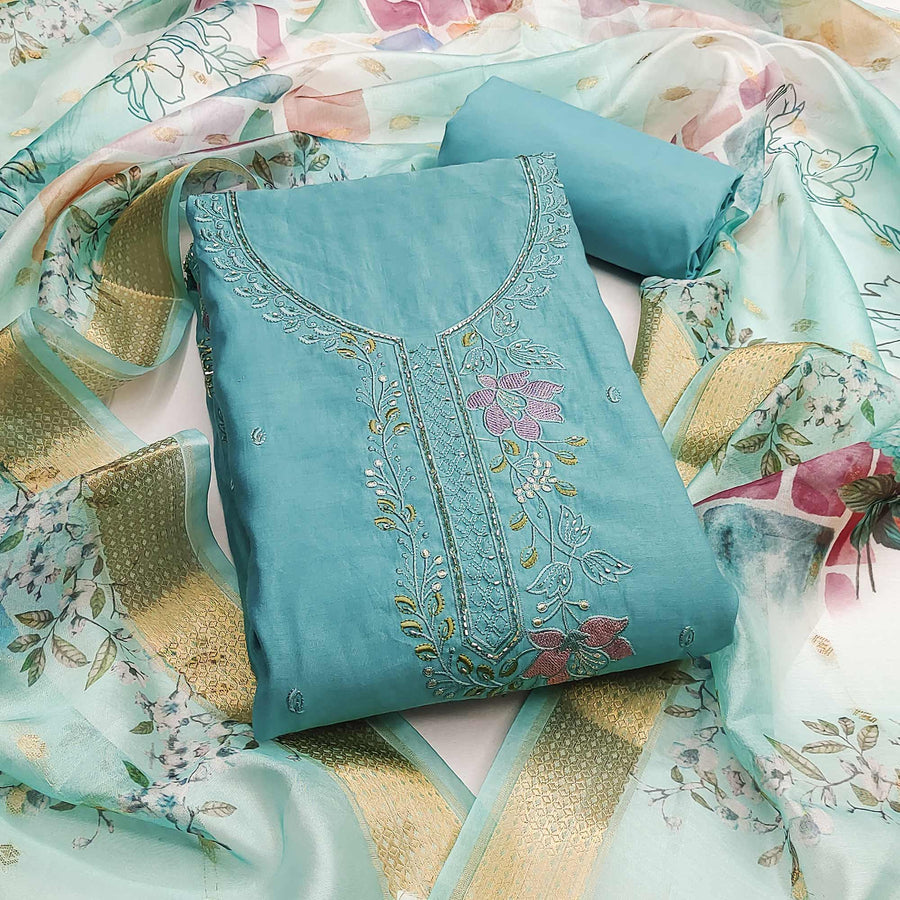 Charming Blue Floral Thread Embroidered With Artful Handwork Cotton Si