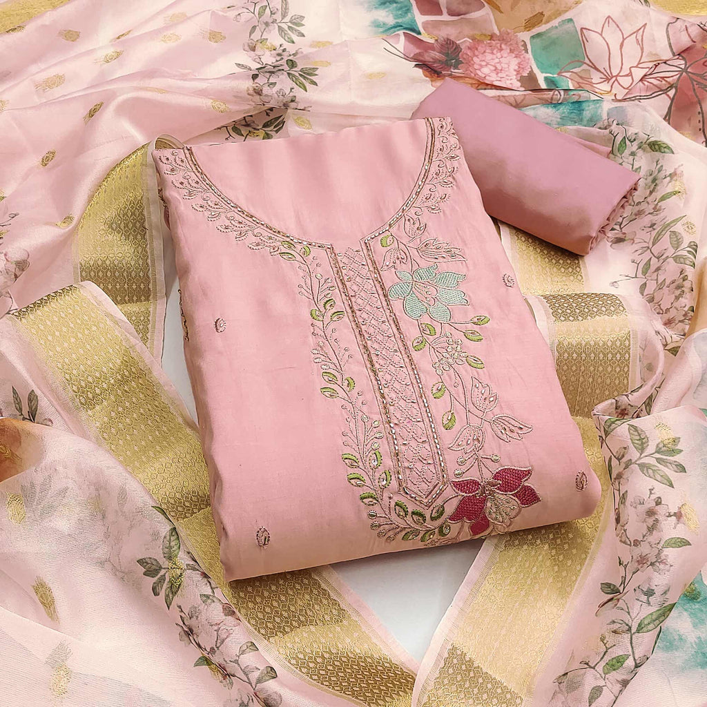 Charming Peach Floral Thread Embroidered With Artful Handwork Cotton S