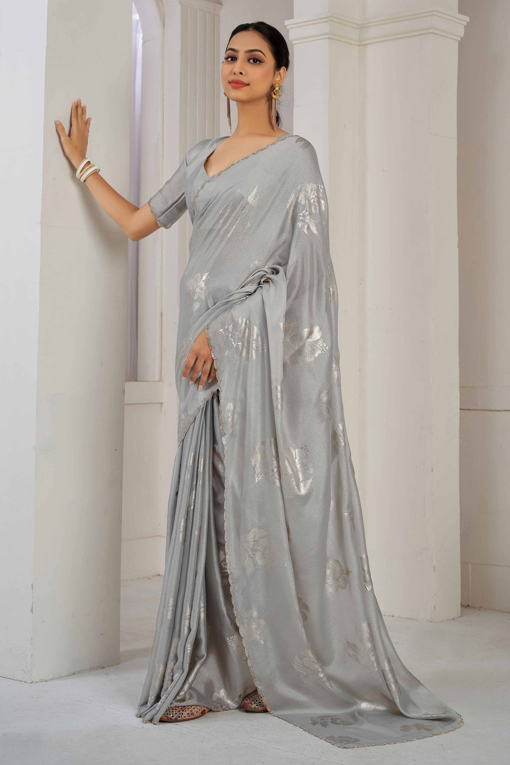 Grey Floral Printed Stone Work Satin Saree