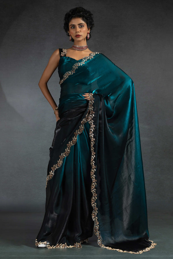Morpich Blue Satin Silk Two Tone Saree with Intricate Zarkan Embellish