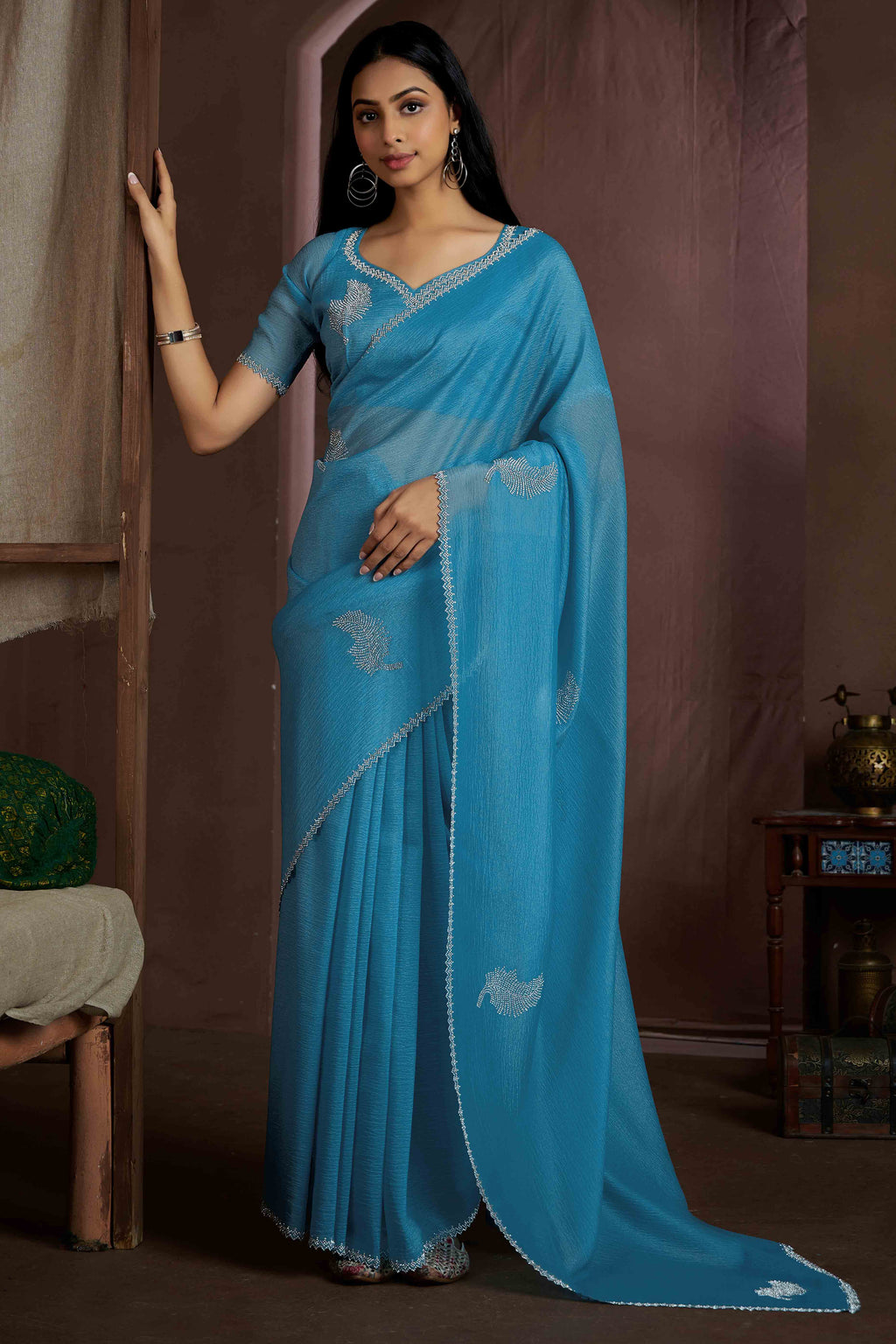 Sky Blue Stone Work Embroidered Pure Silk Saree