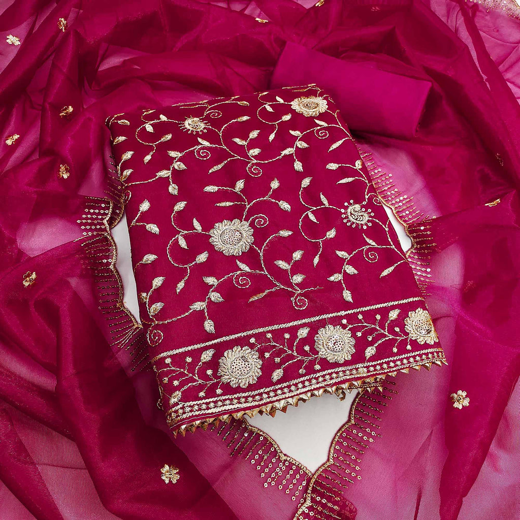 Pink Unstitched Suit Material with Fine Floral Embroidery on Sheer Twi