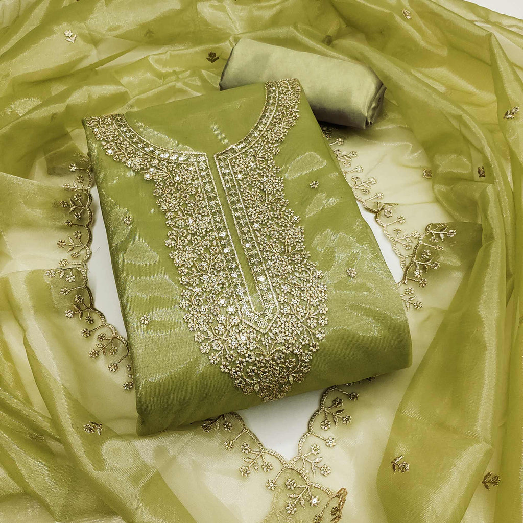 Green Designer Suit Material in Sheer Twill Net with Thread Embroidere