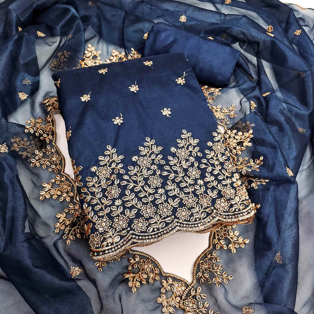 Blue Ethnic Twill Net Dress Material Embellished with Ornate Thread Em