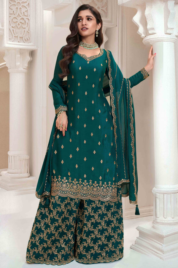 Dark Rama Blue Floral Sequins Embroidered Chinon Palazzo Suit