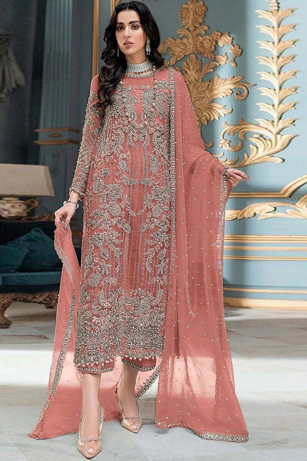 Peach Sequins Embroidered Work Net Dress Material
