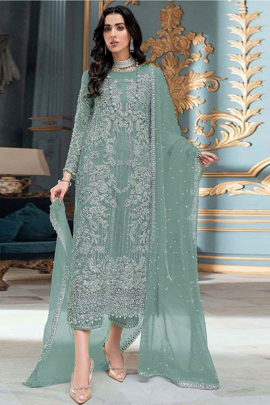 Sea Green Sequins Embroidered Work Net Dress Material
