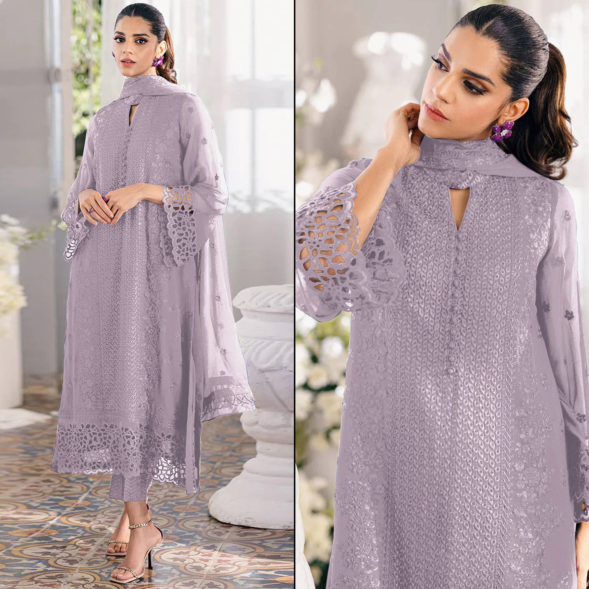 Dusty Purple Sequins Embroidered Georgette Dress Material