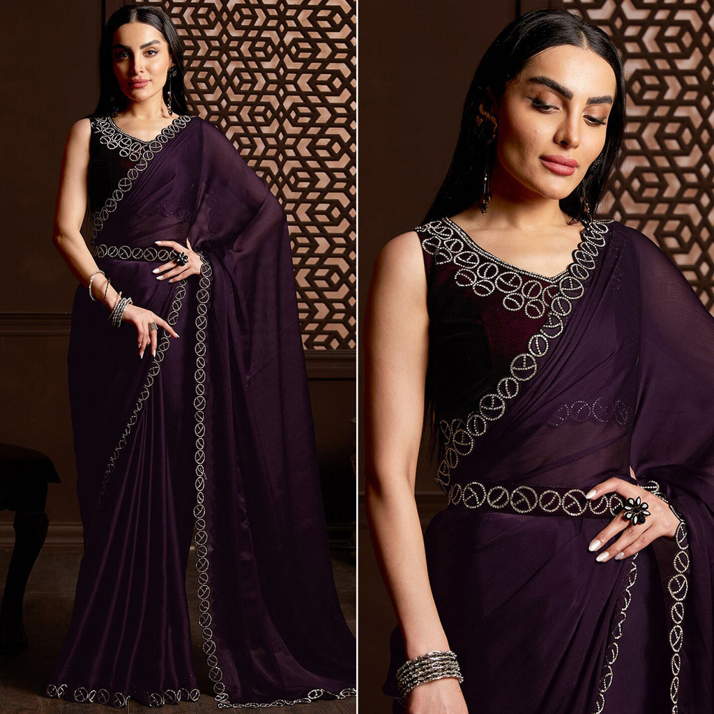 Dark Purple Stone Work Chiffon Saree
