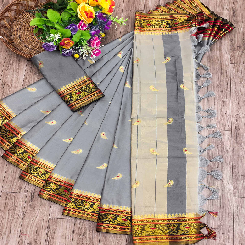 Grey Butti Work Woven Cotton Silk Saree