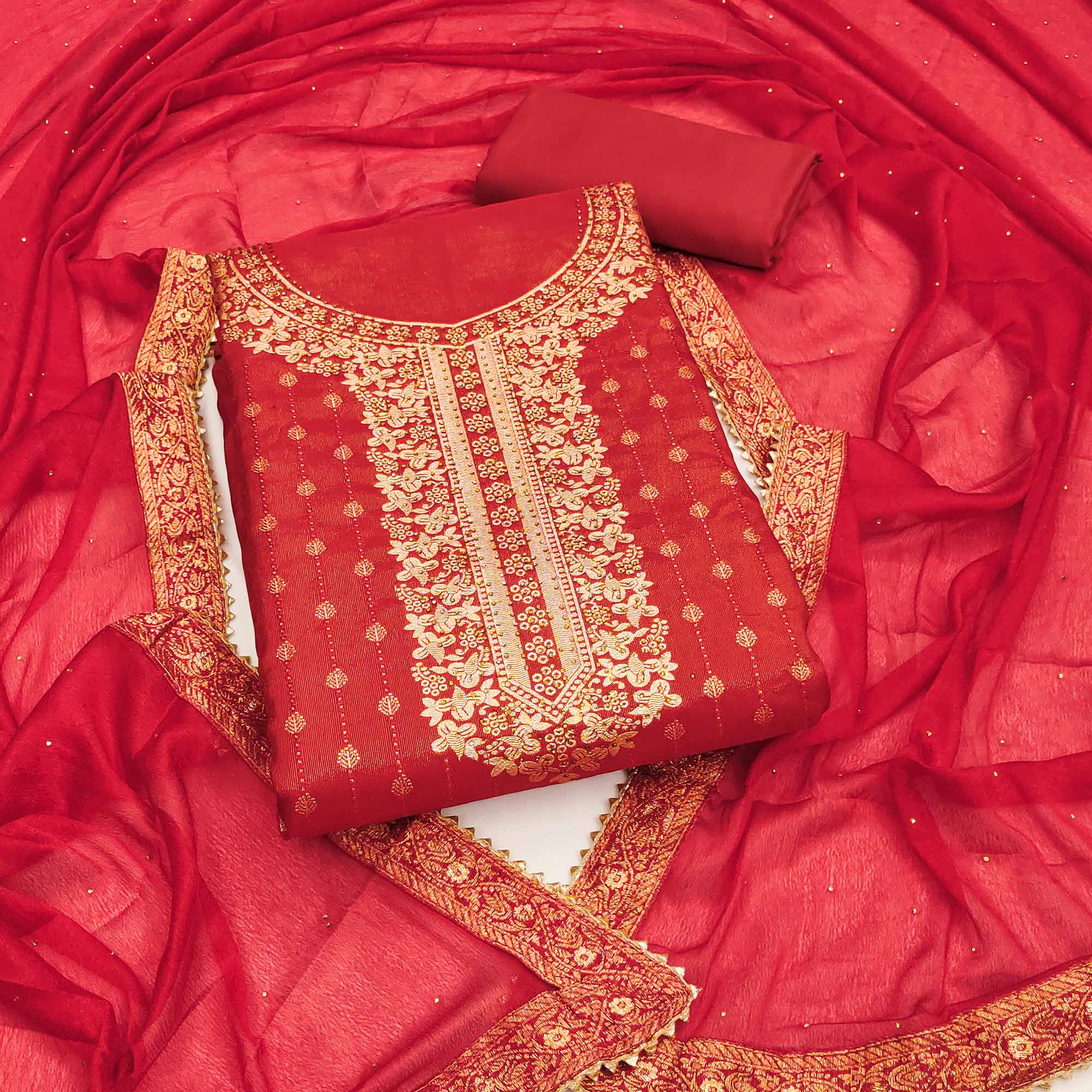 Red Woven Floral Jacquard Dress Material