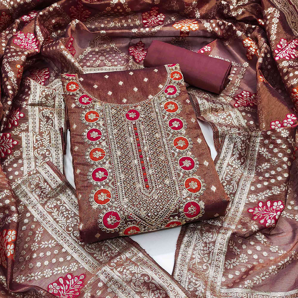 Wine Woven With Sequins Embroidered Simmer Cotton Silk Dress Material
