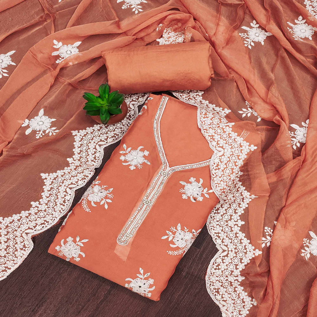 Orange Floral Mirror Embroidered Organza Dress Material