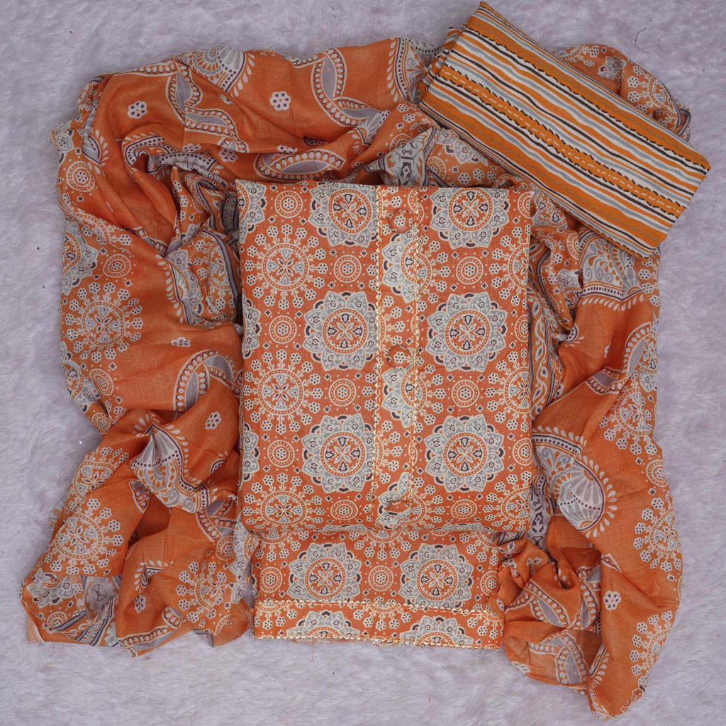 Orange Floral Printed Cotton Blend Dress Material