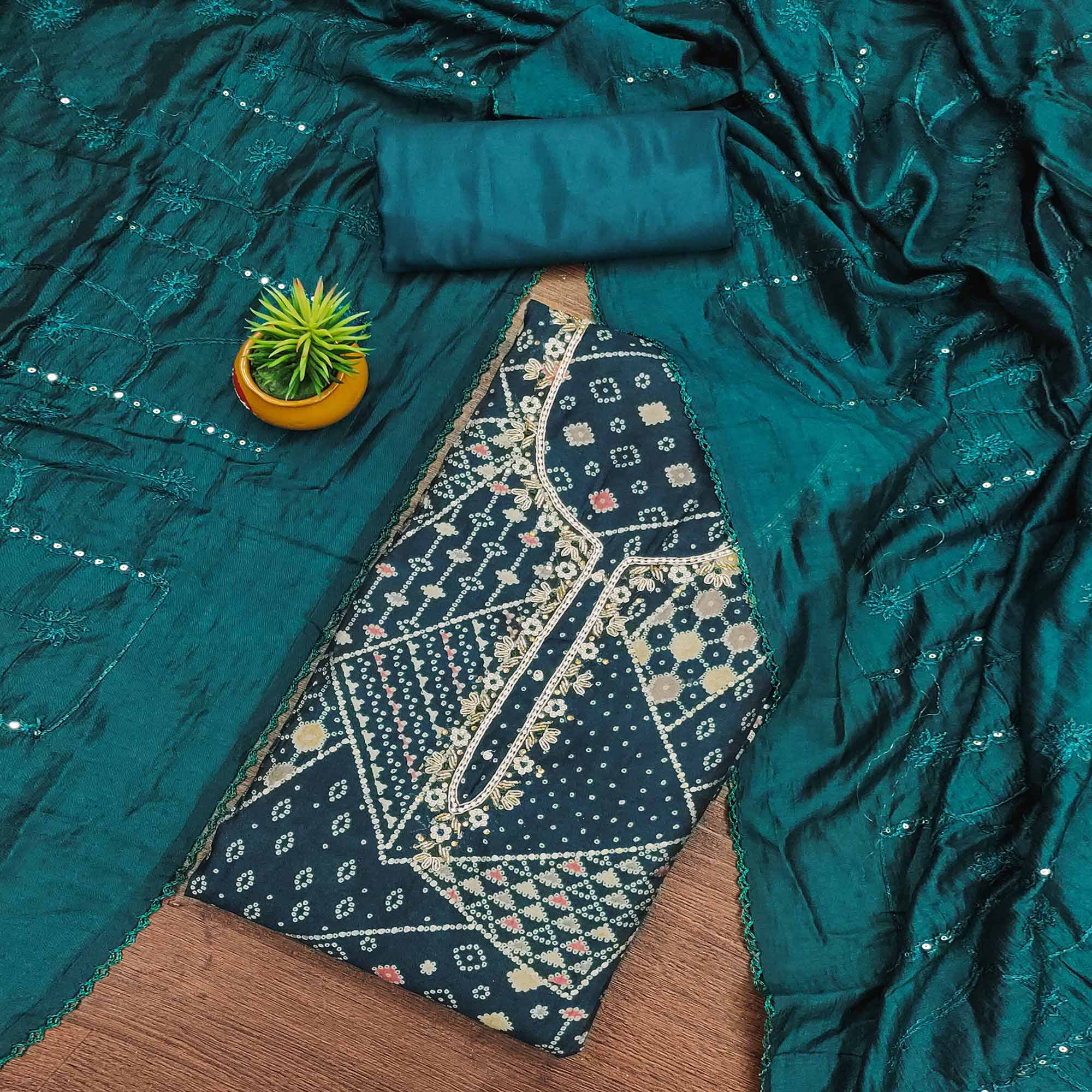 Morpich Foil Printed With Handwork Embroidered Pure Cotton Dress Mater