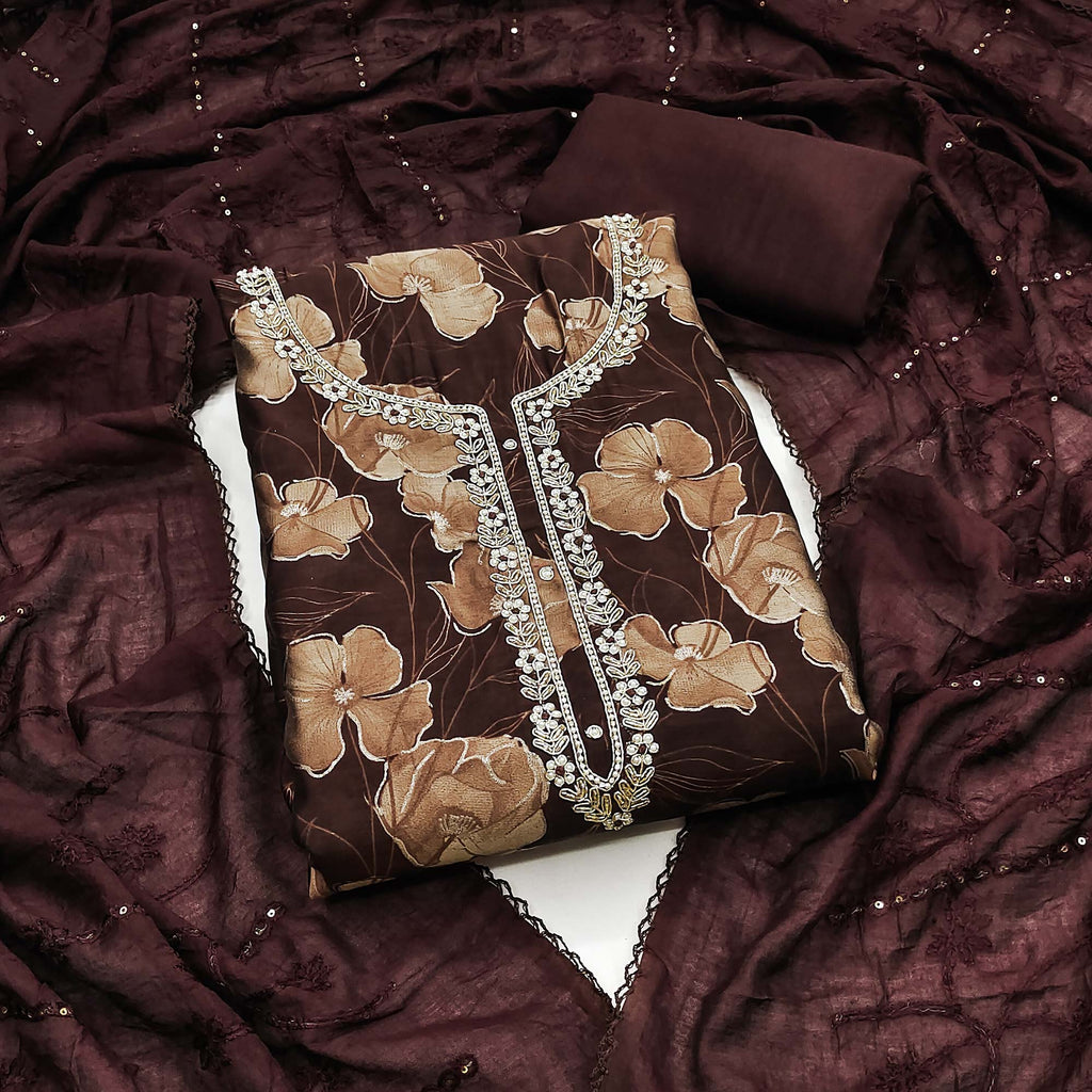 Brown Floral Printed With Handwork Cotton Silk Dress Material