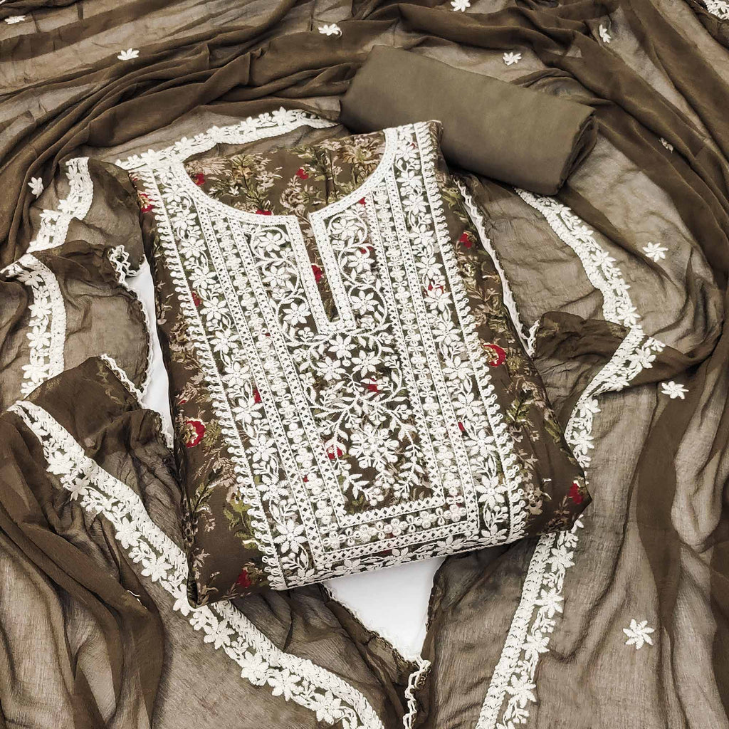 Brown Floral Printed Cotton Silk Dress Material