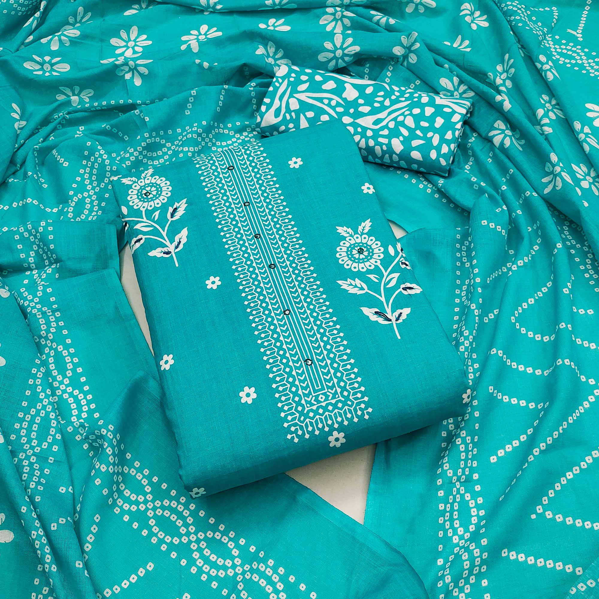 Teal Floral Printed Pure Cotton Dress Material