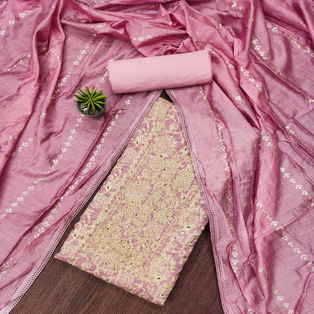 Pink Embroidered With Printed Muslin Dress Material
