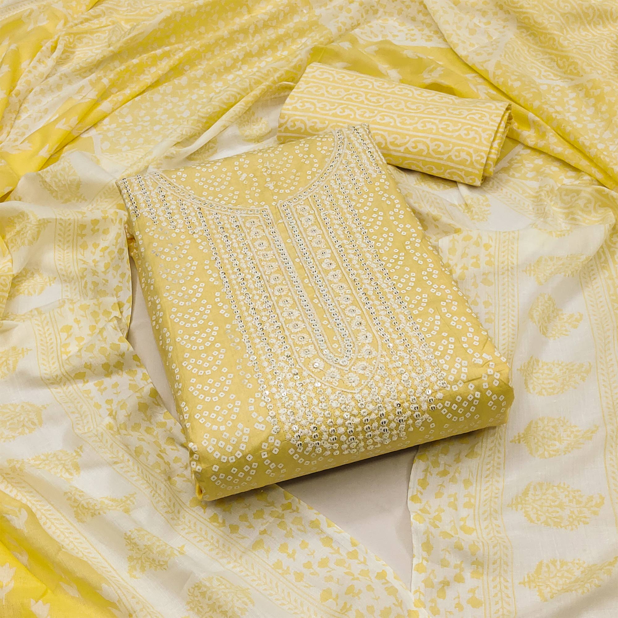 Yellow Bandhani Printed With Sequins Pure Cotton Dress Material