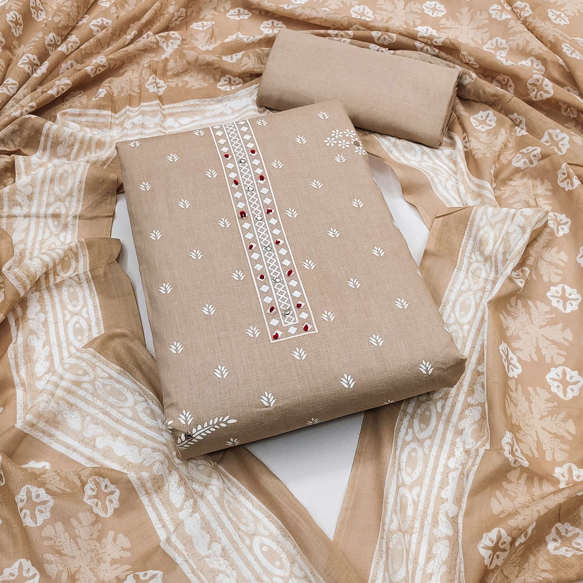 Chikoo Floral Printed Pure Cotton Dress Material