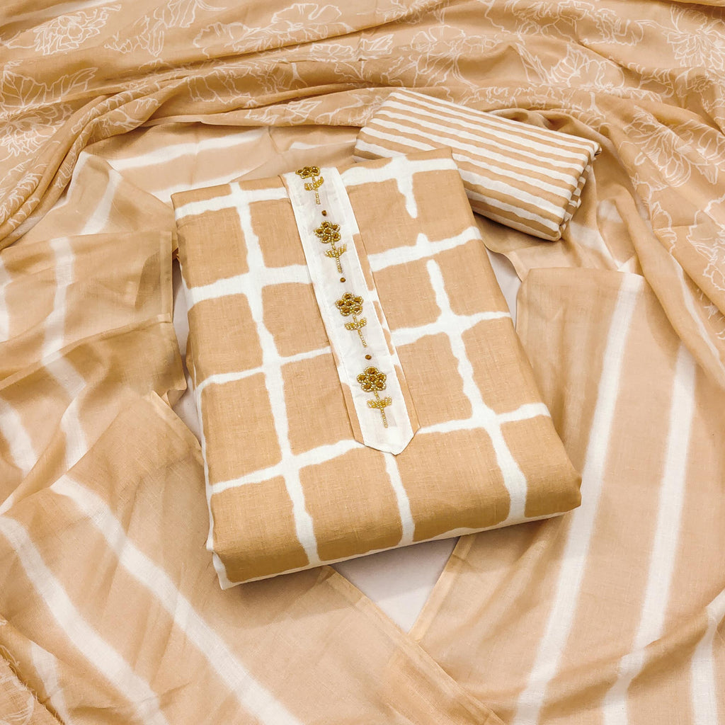 Chikoo Checks Printed Pure Cotton Dress Material