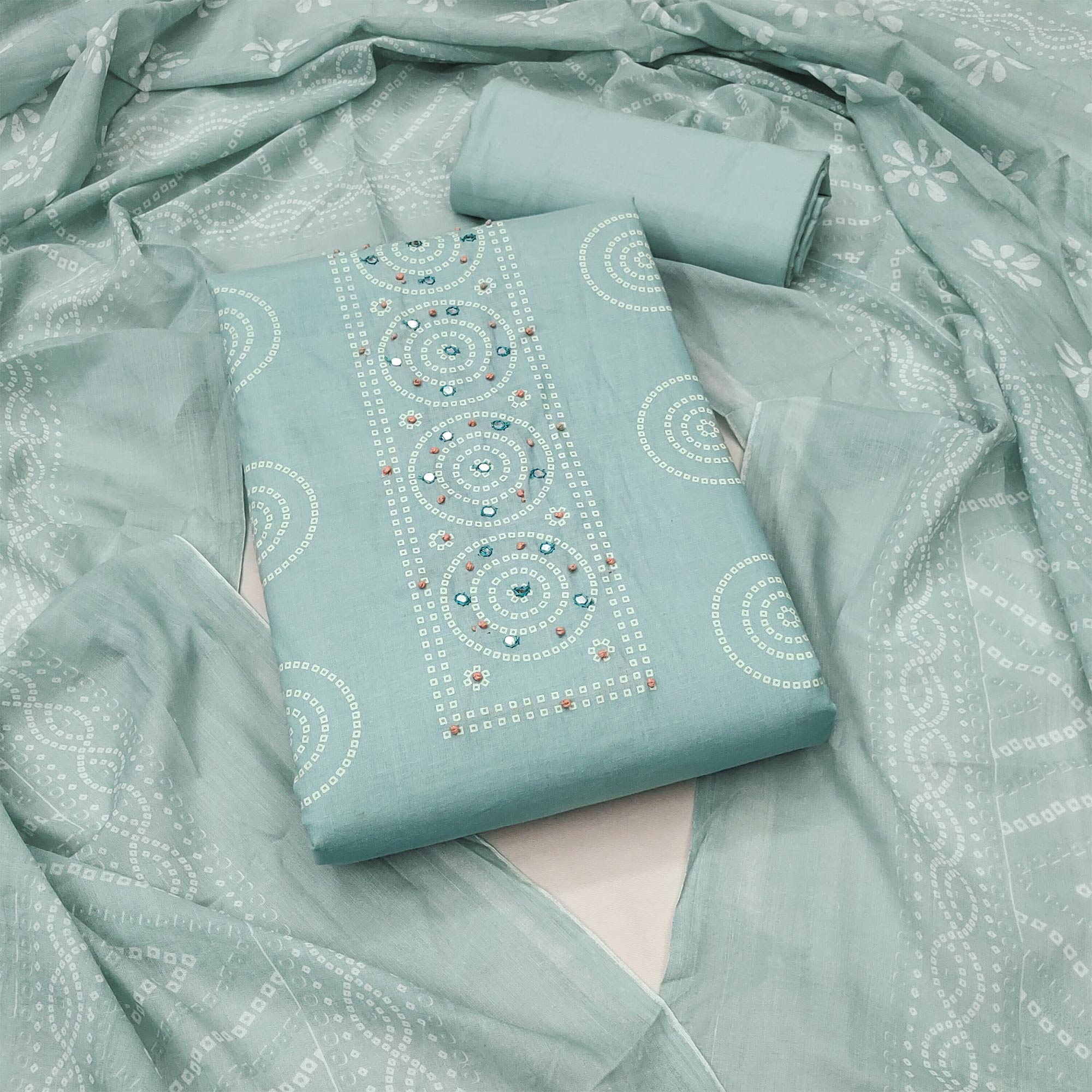 Sky Blue Bandhani Pure Cotton Dress Material