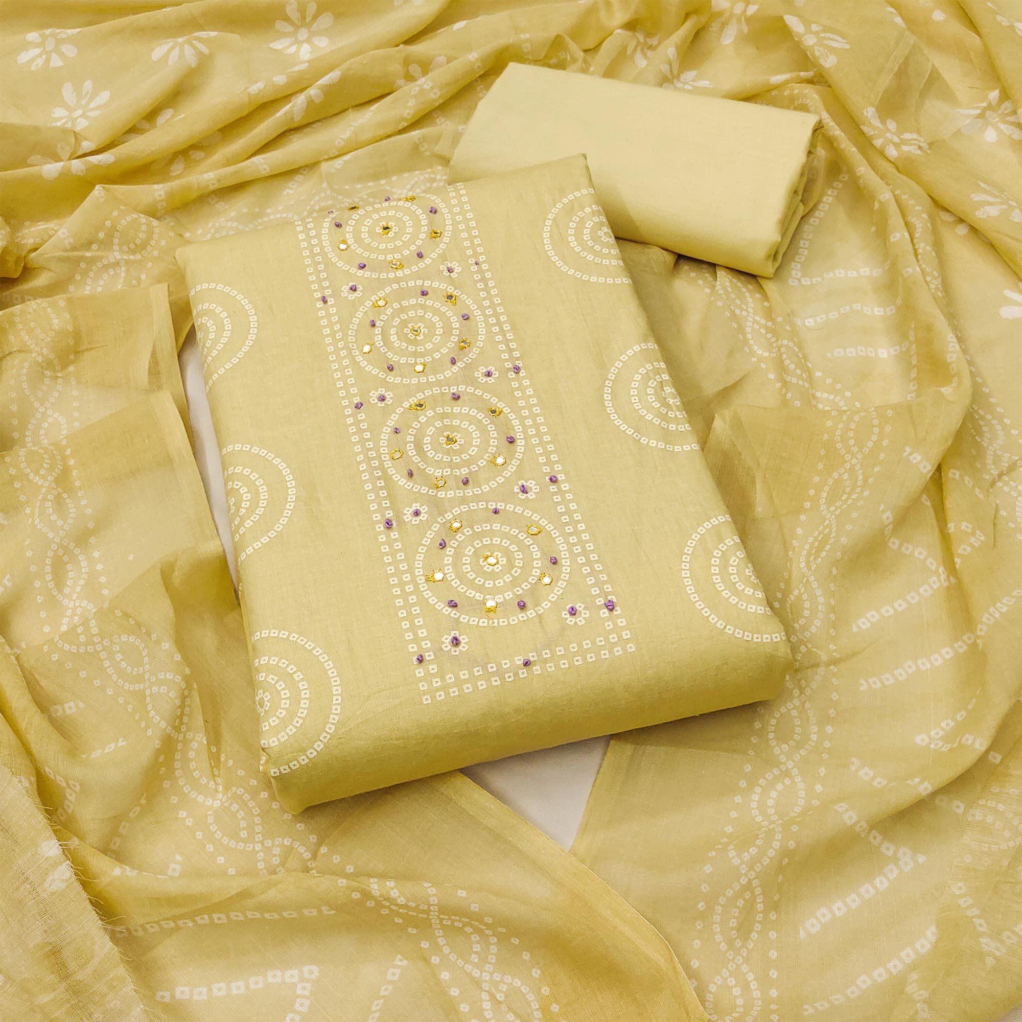 Yellow Bandhani Pure Cotton Dress Material