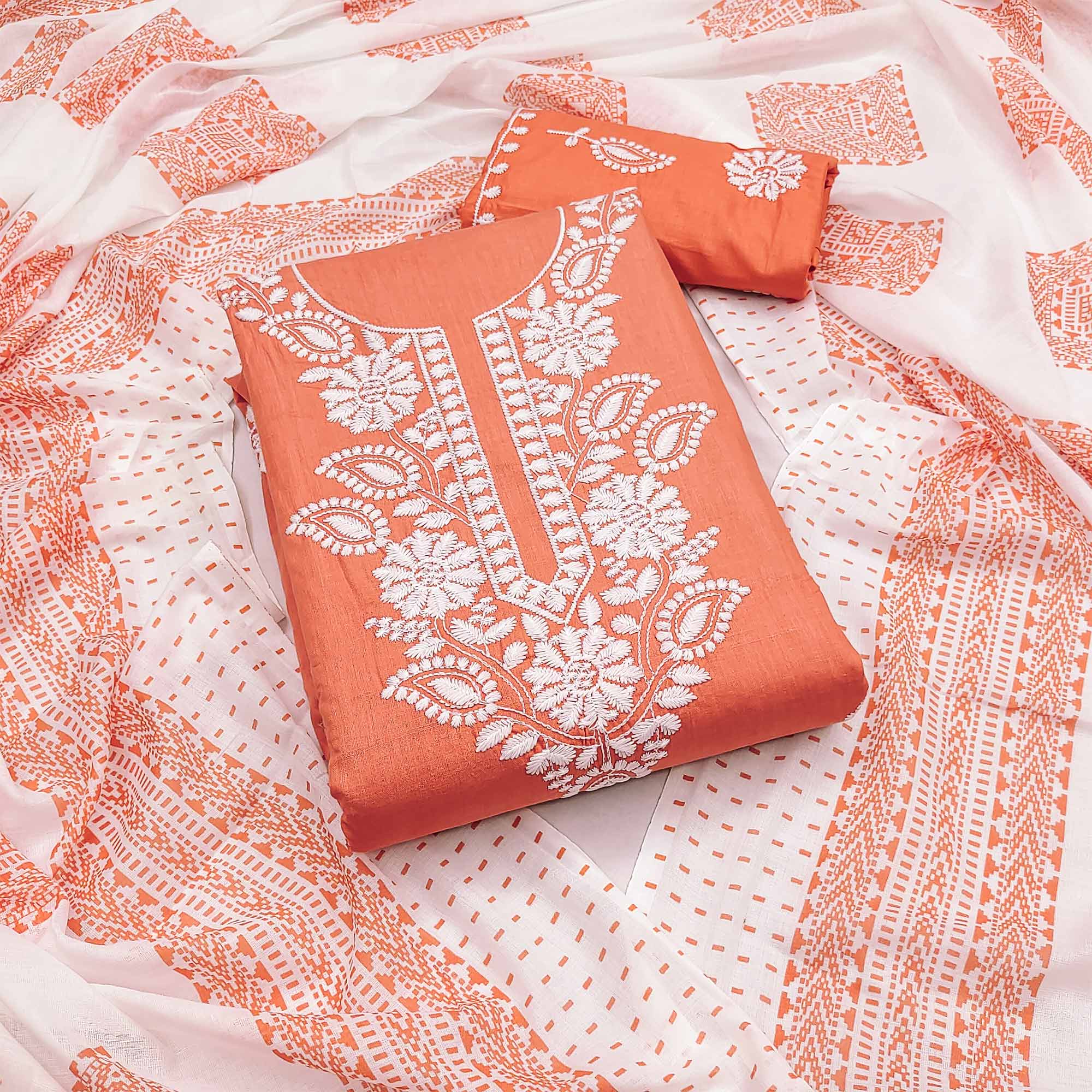 Orange Floral Embroidered Pure Cotton Dress Material