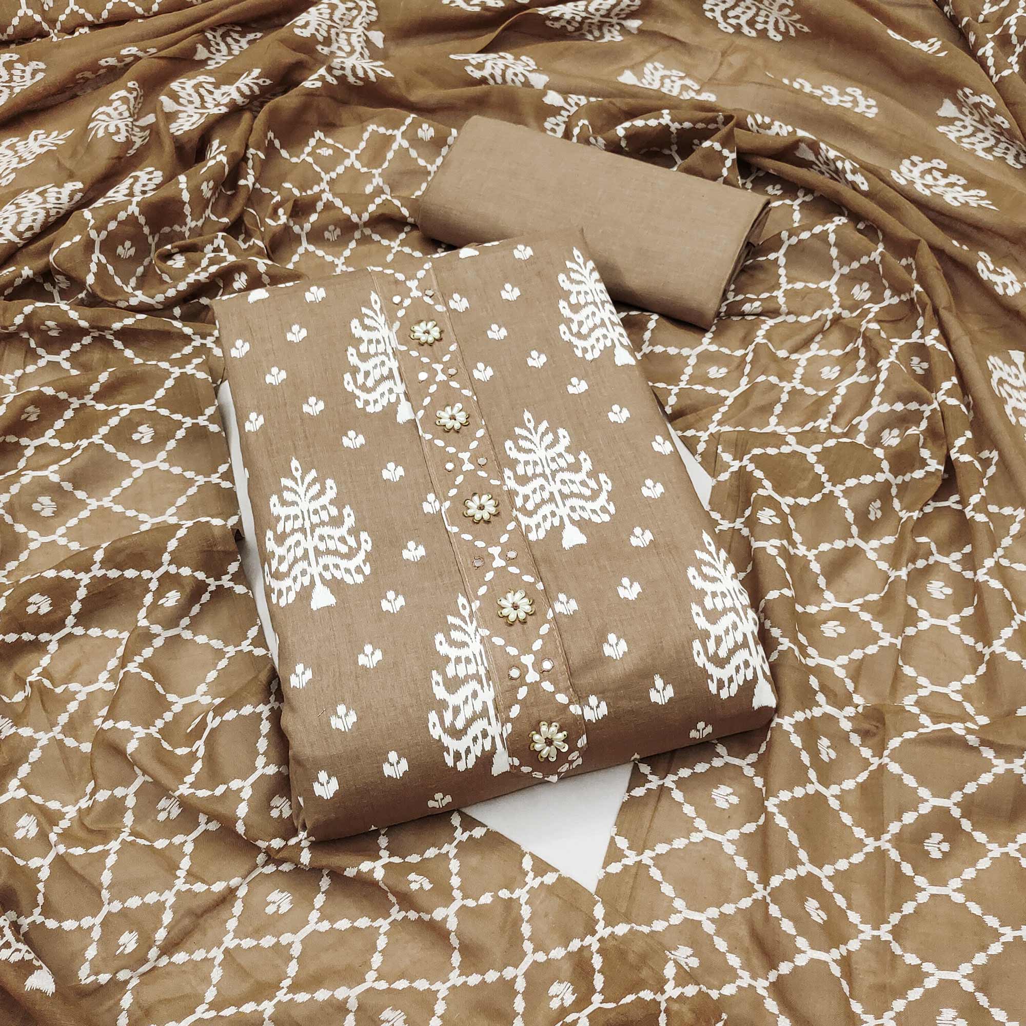 Brown Floral Printed Pure Cotton Dress Material