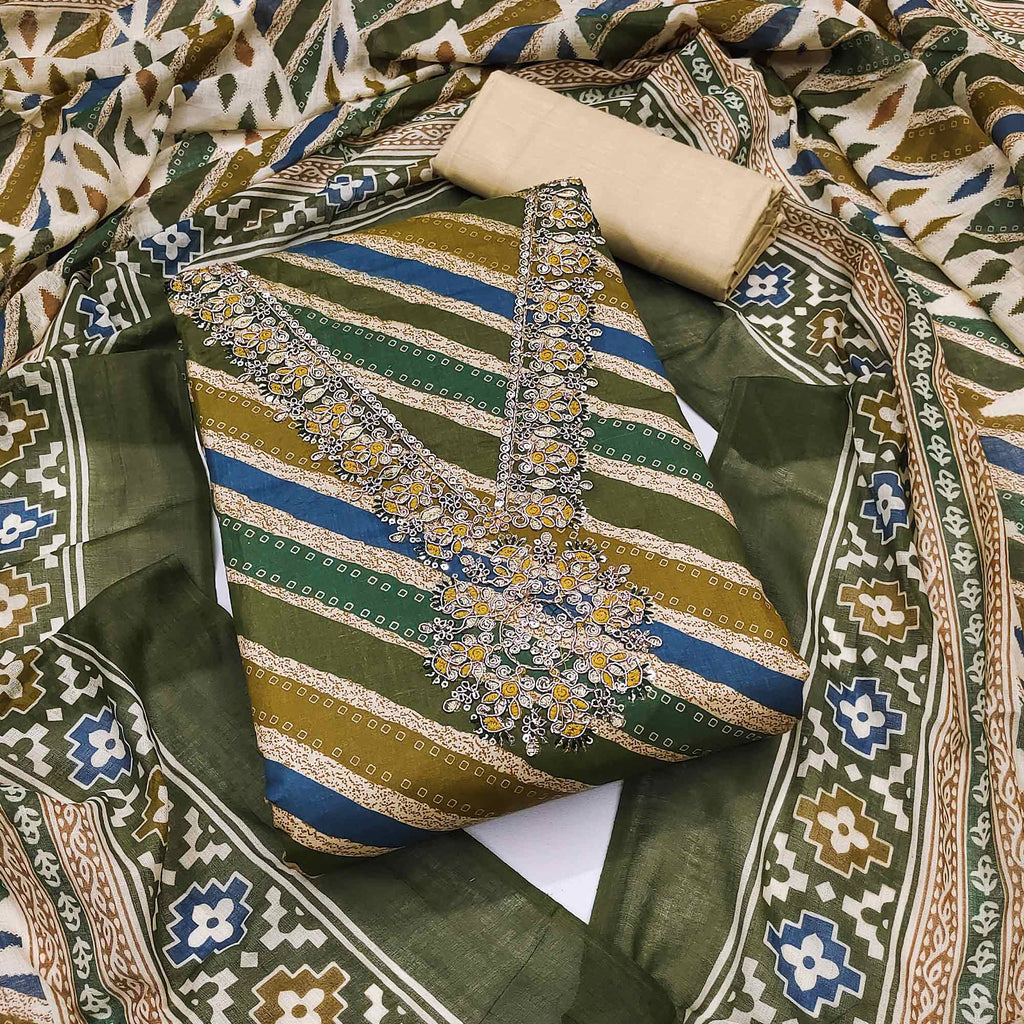Green Striped Printed With Embroidery Pure Cotton Dress Material