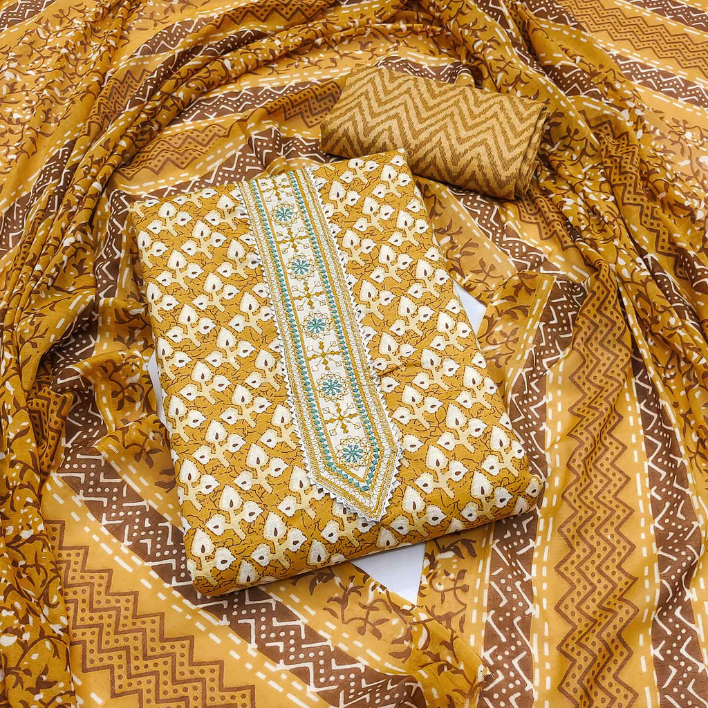 Mustard Floral Printed With Embroidered Pure Cotton Dress Material