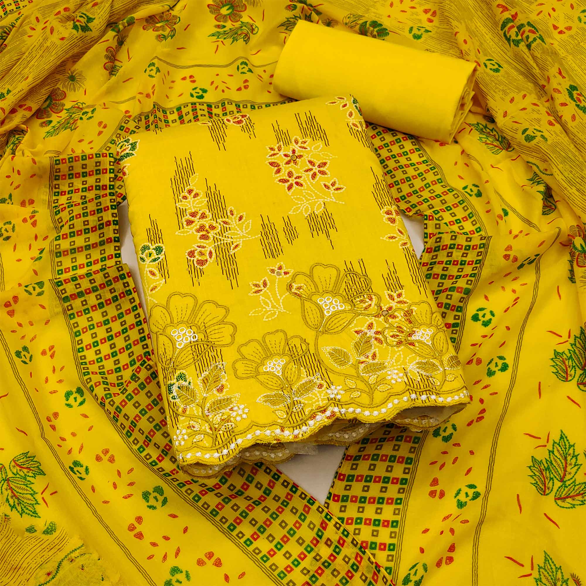 Yellow Floral Embroidered Pure Cotton Dress Material