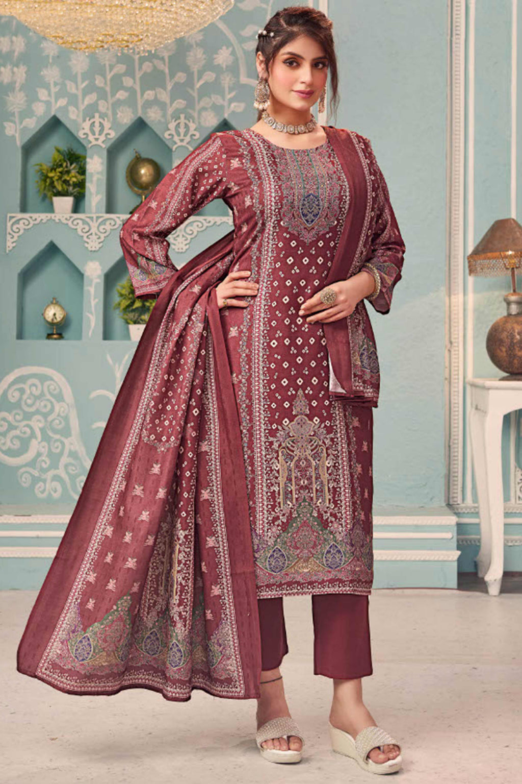 Maroon Stylish Floral Printed Pashmina Dress Material for Graceful Win