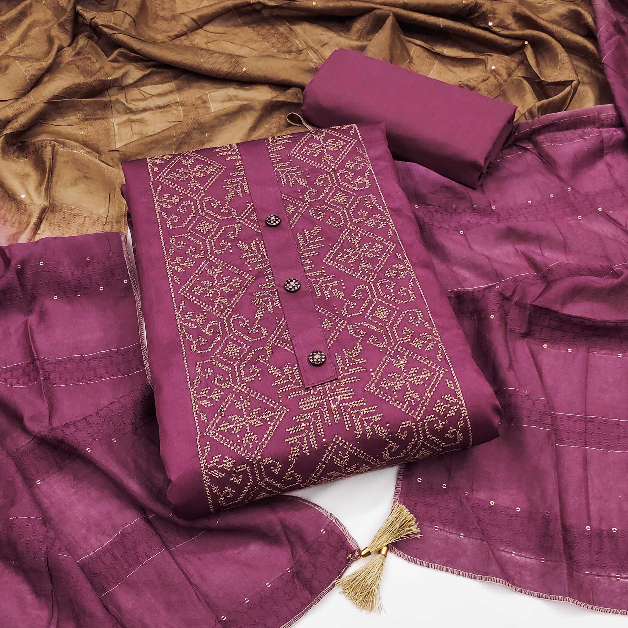 Purple Floral Embroidery Cotton Silk Dress Material