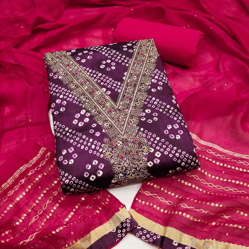 Dark Purple Bandhani Print Cotton Blend Dress Material With Intricate