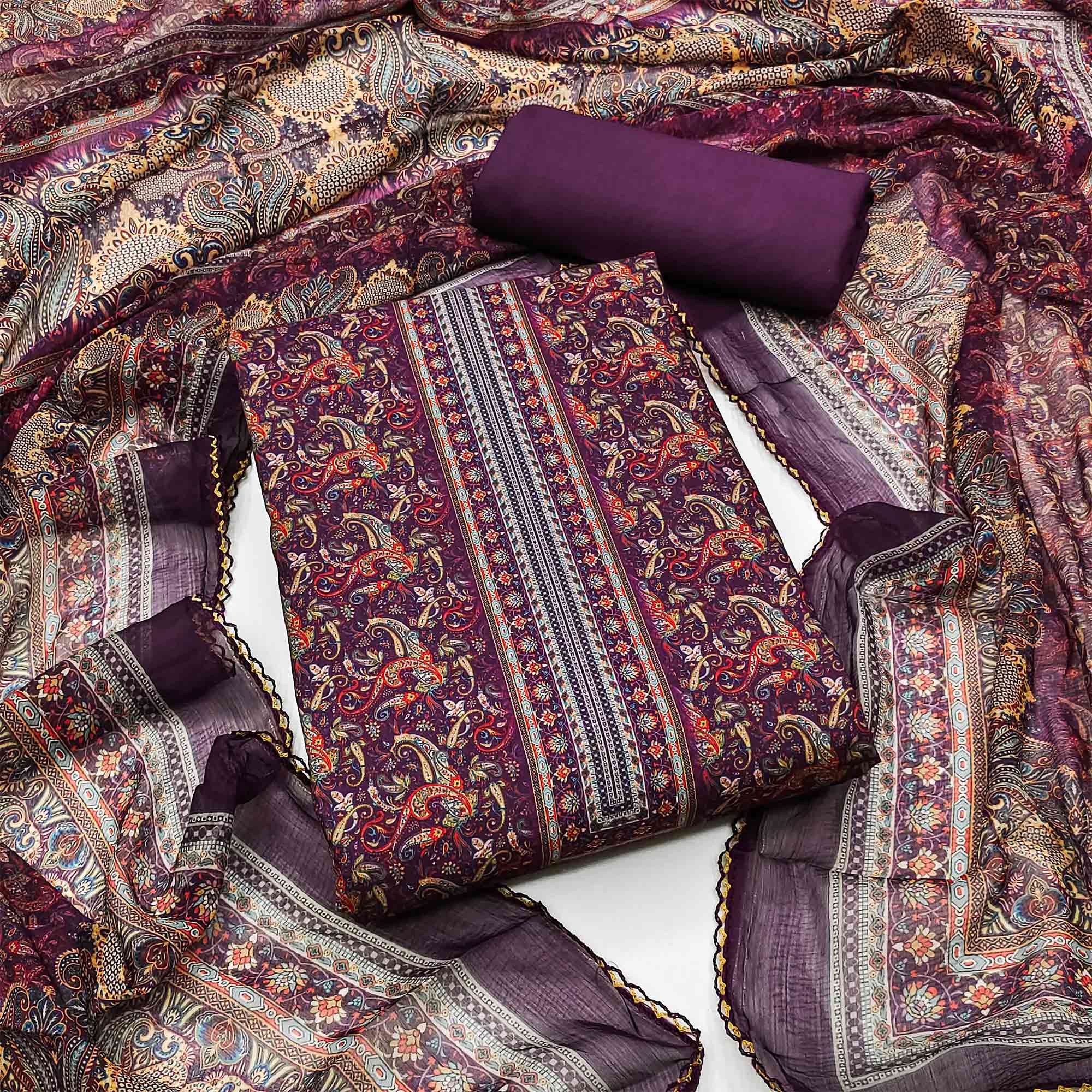 Purple Floral Digital Printed Cotton Blend Dress Material