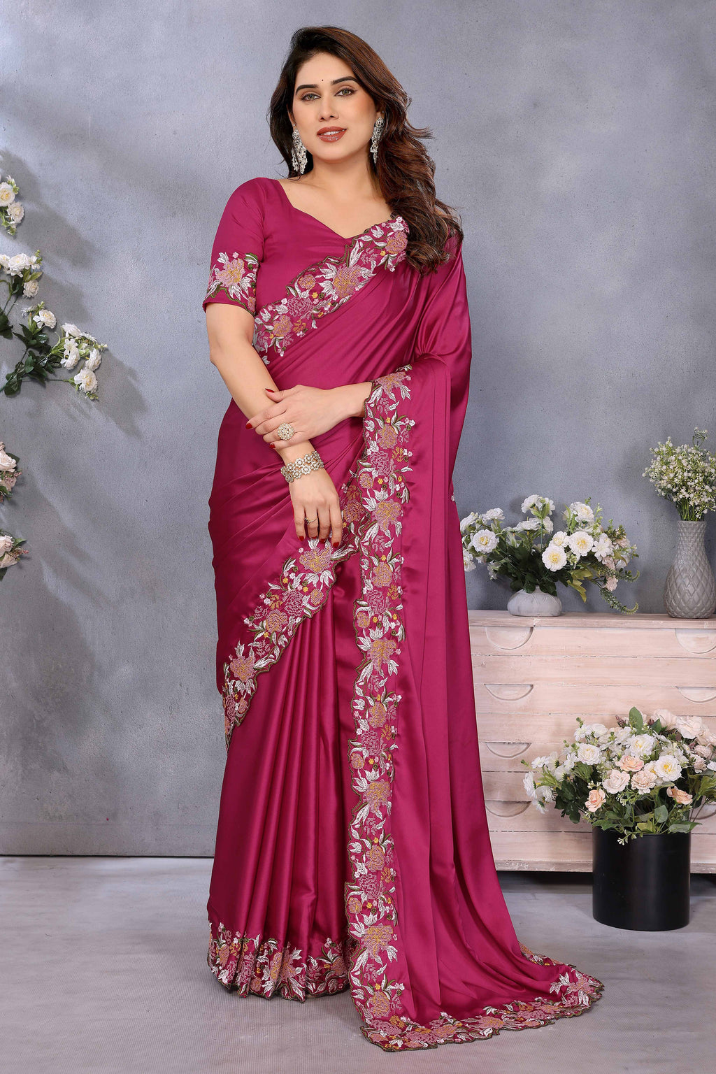 Rose Pink Satin Saree with Artistic Floral Embroidery and Soft Resham