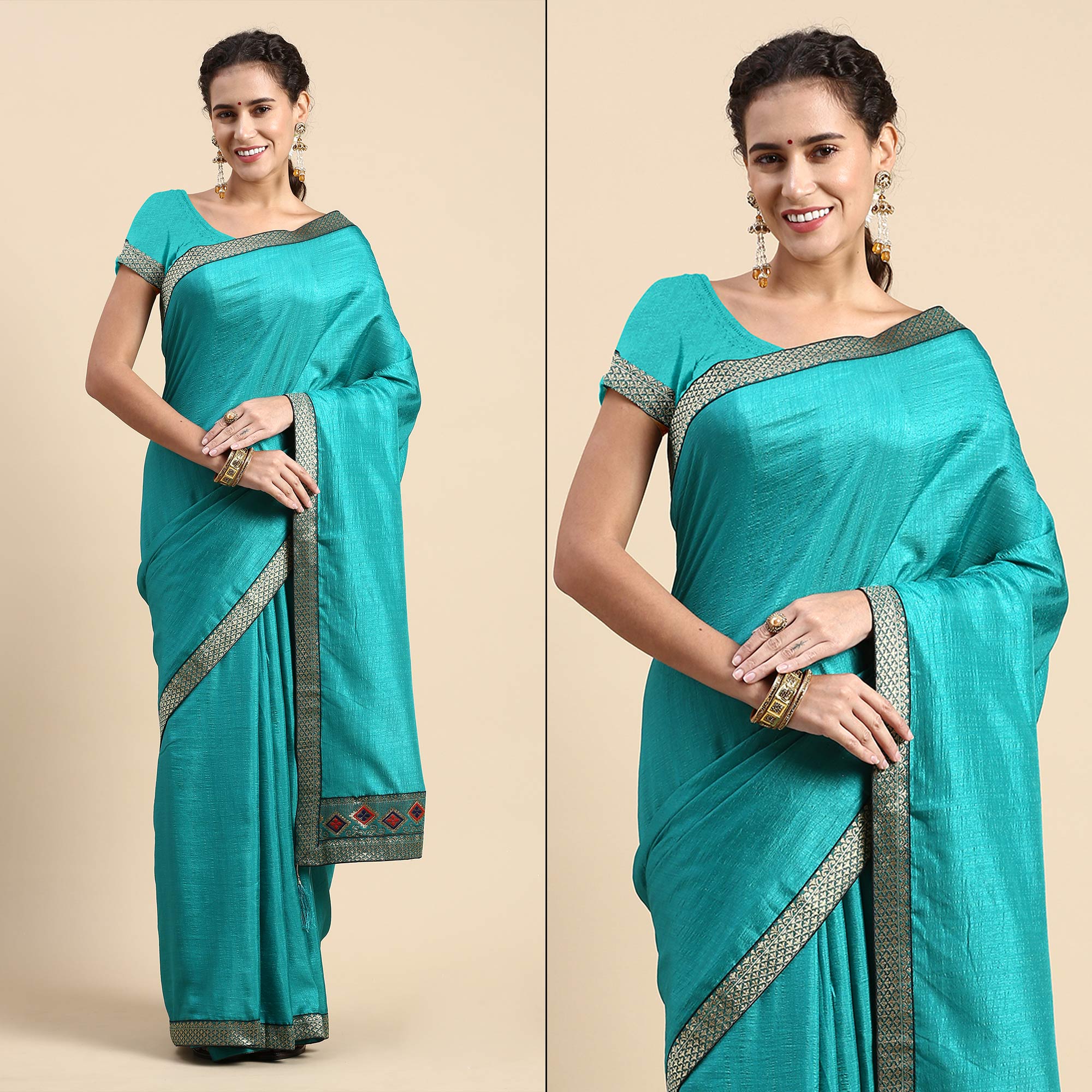 Turquoise Blue Solid Vichitra Silk Saree With Fancy Border
