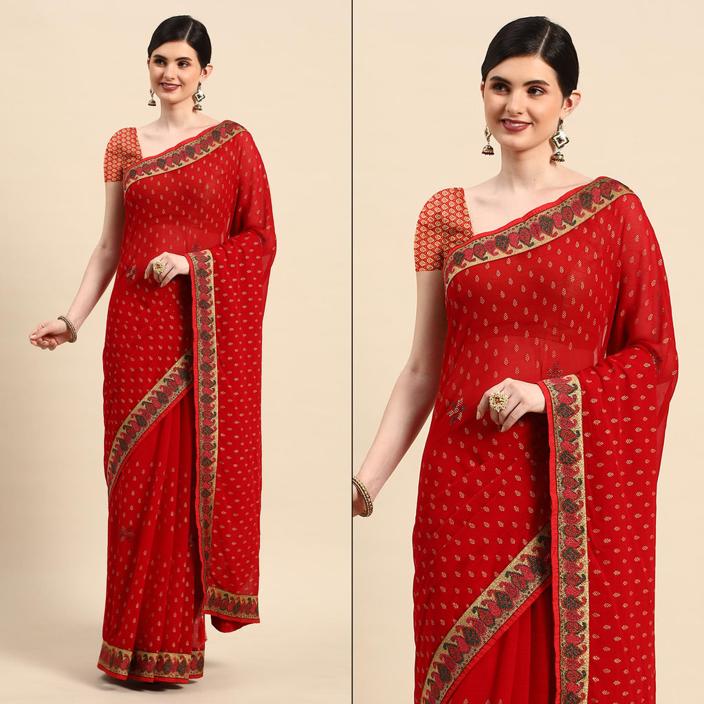 Red Foil Printed With Swarovski Zomato Silk Saree