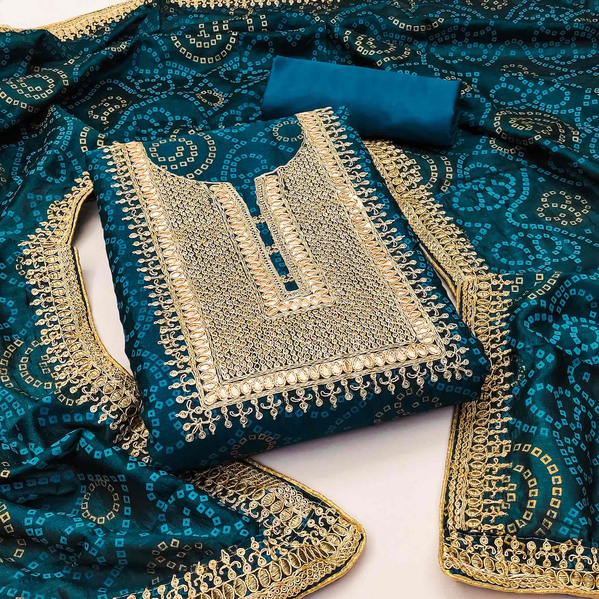 Morpich Printed With Embroidered Vichitra Silk Dress Material