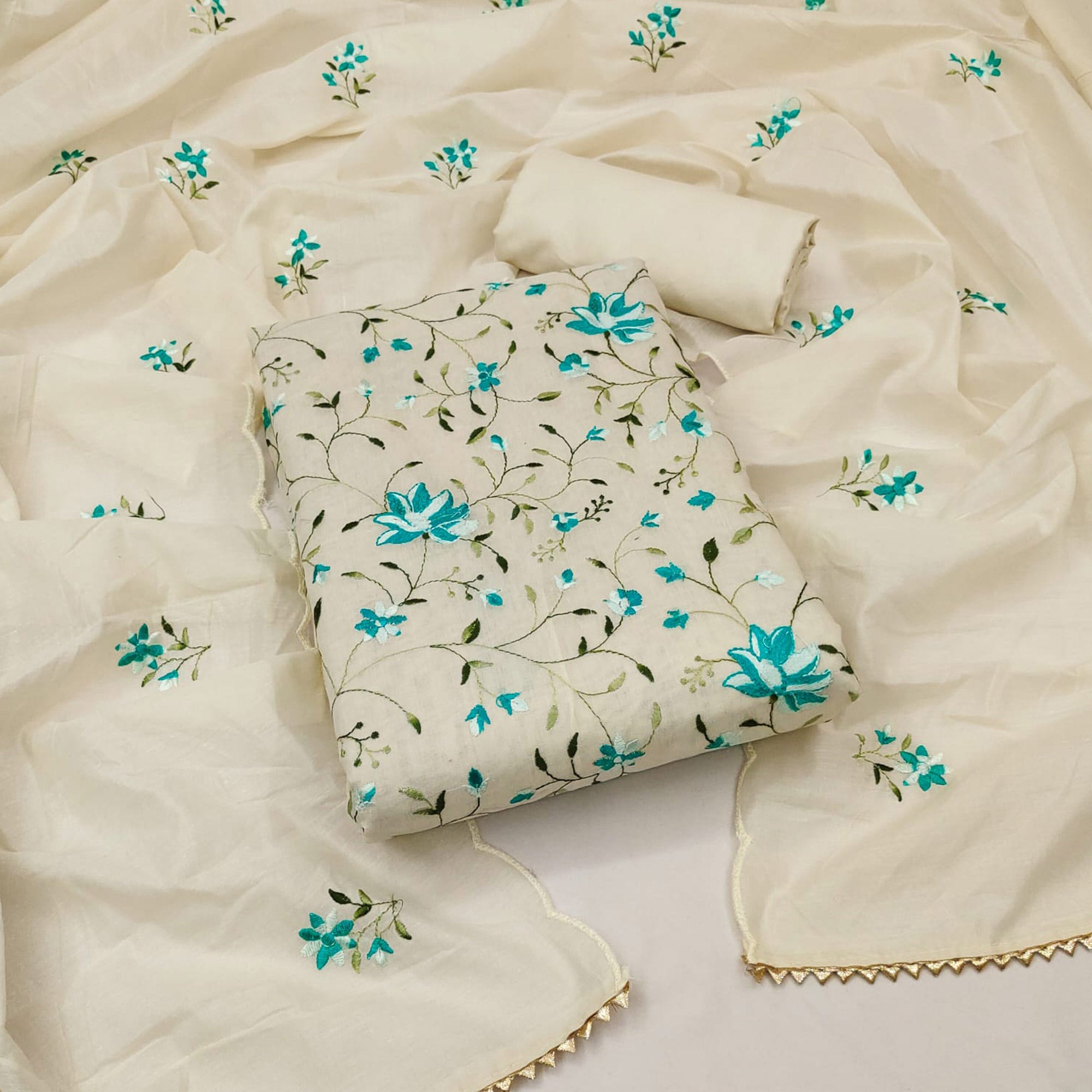 Off White & Turquoise Floral Embroidered Chanderi Silk Dress Material