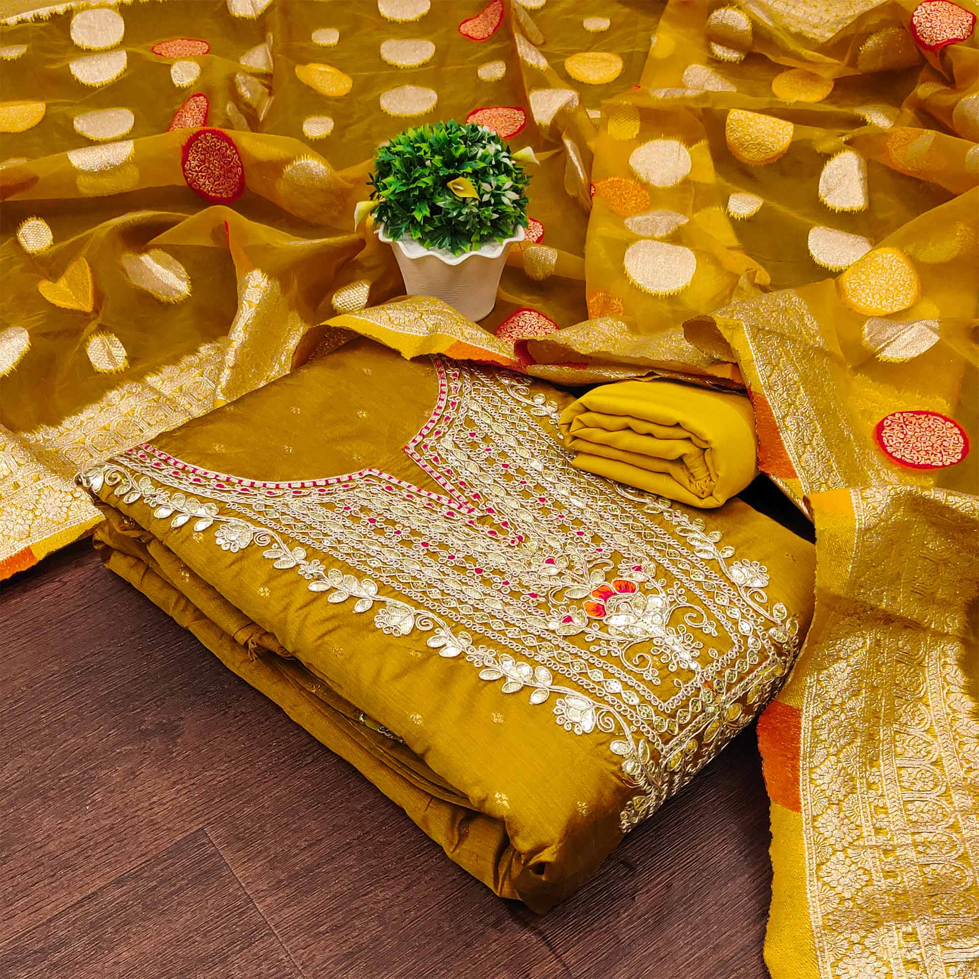 Mustard Butti With Embroidered Chanderi Dress Material